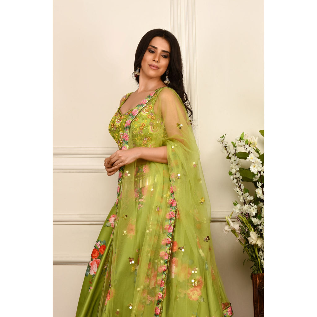 Lime Green Floral Print Lehenga Set – Jiya by Veer Design Studio